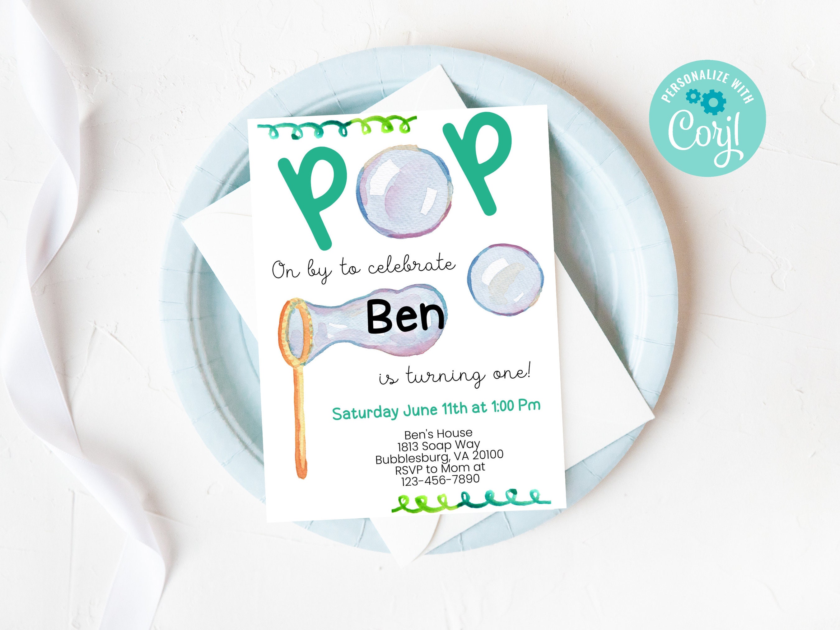 Bubble Birthday Invitation Blue Bubbles Invite Blowing - Etsy