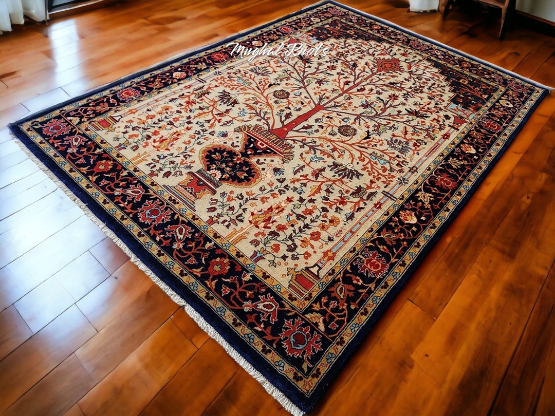Tree of Life Rug | Light Gold Blue Wool Hand Knotted | Bespoke Rug for ...