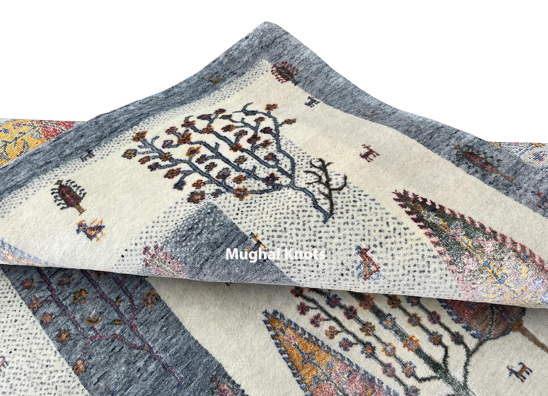 Hand Knotted Wool and Silk Tree of Life Rug - Cream and Grey ...