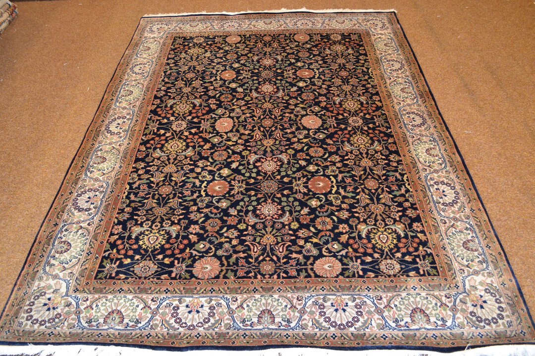 Blue Beige Wool Rug Kashan Hand Knotted Wool Rug for Livingroom Bedroom ...