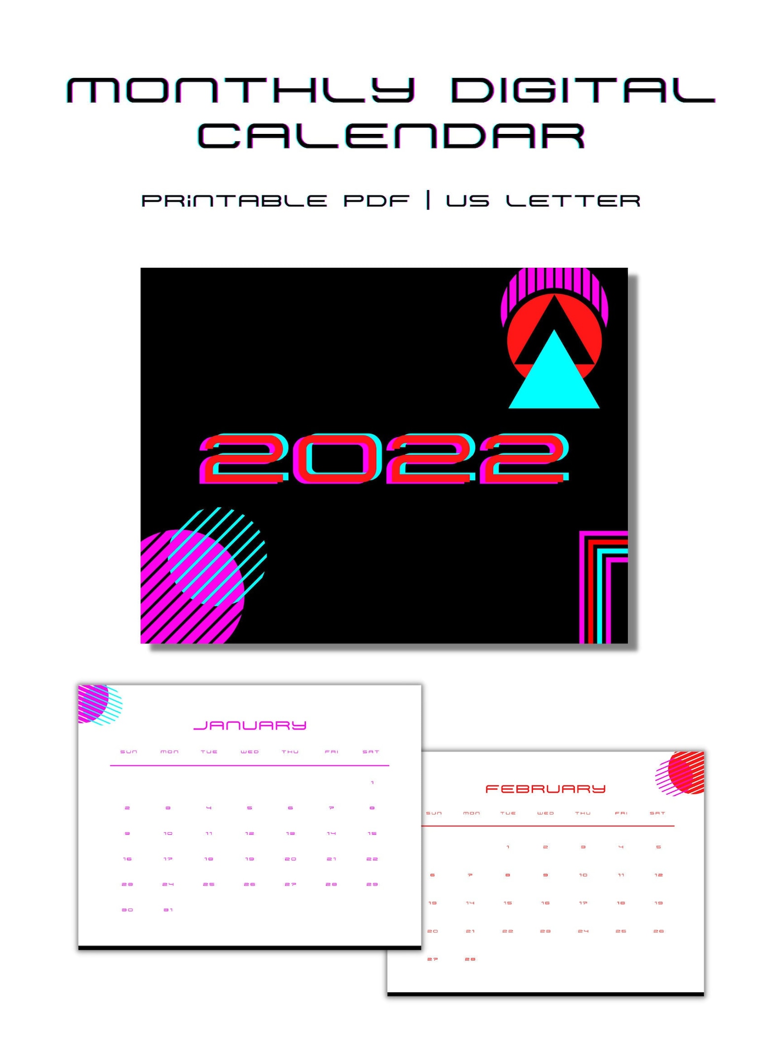 Monthly Digital Calendar - PDF Printable - Etsy