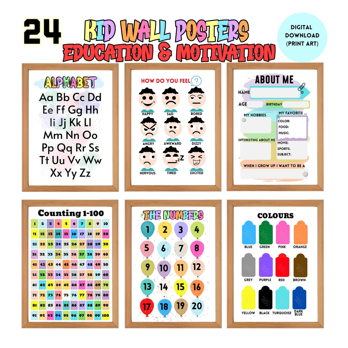 24 Sheets Kid Posters, Kid Wall Poster, Educational Poster, Alphabet ...
