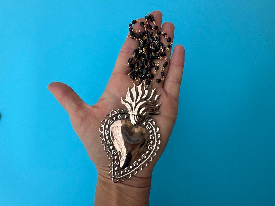 Sacred Heart Necklace Pendant Long Chain. Colorful Flaming Heart ...
