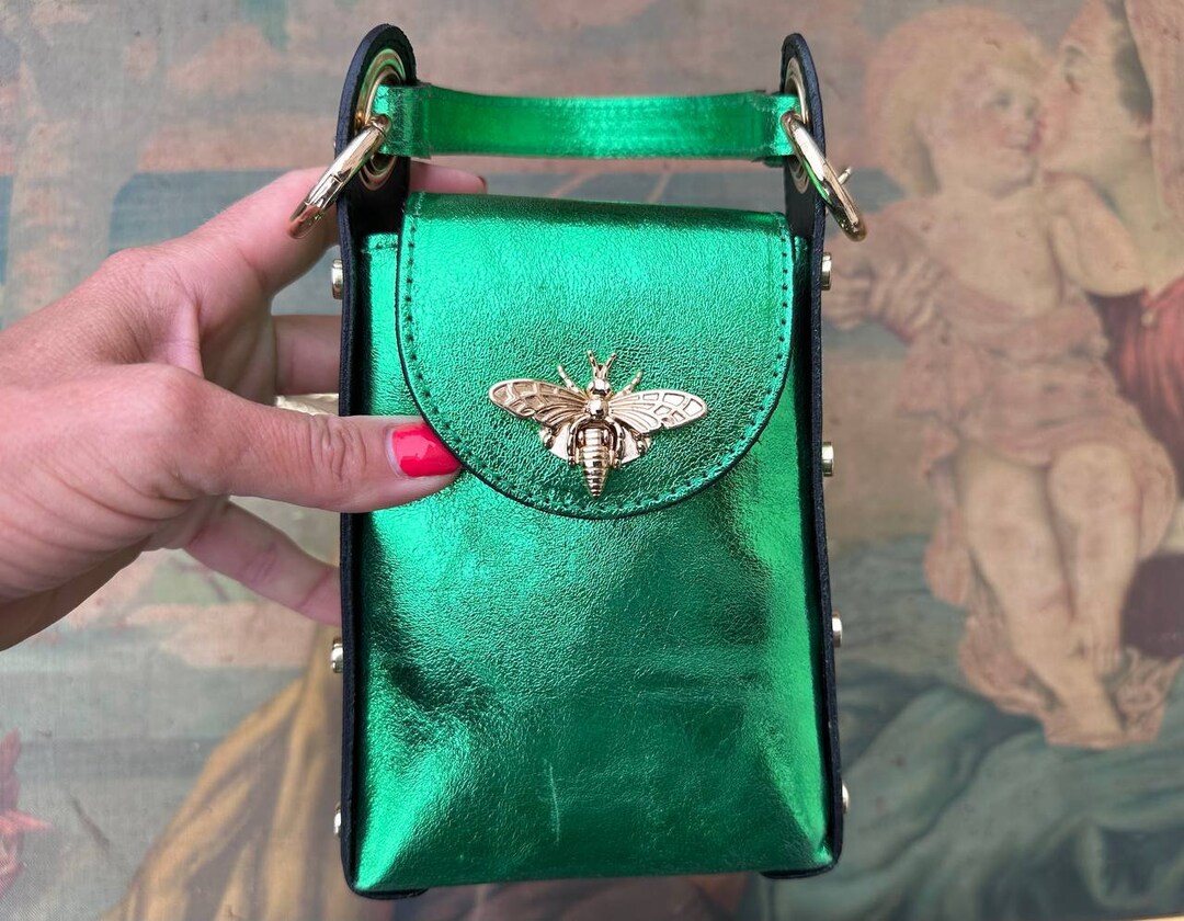 Vintage Green Leather Cell Phone Pouch, Italian Evening Clutch With ...