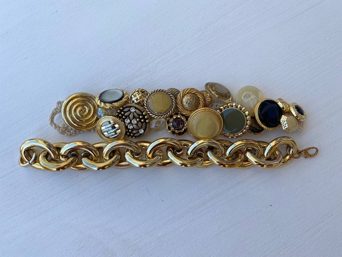 Vintage Button Bracelet and Curb Chain Bracelet Set. Bohemian - Etsy