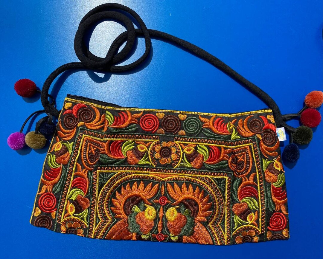 Hmong Clutch, Pink Floral Purse Hmong Purse With Pom Pom Purse. Small ...