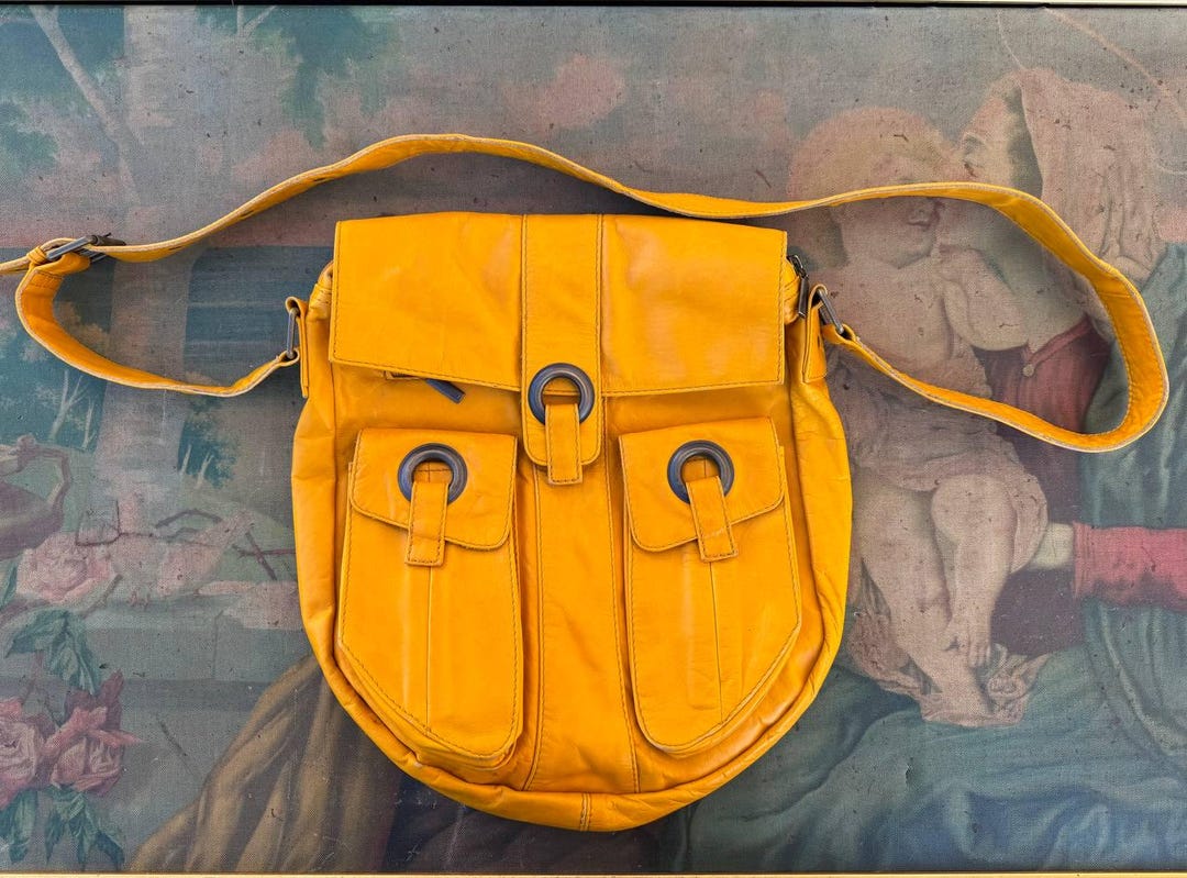 Yellow Leather Messenger Bag STICKS AND STONES . Postman Bag Y2k ...