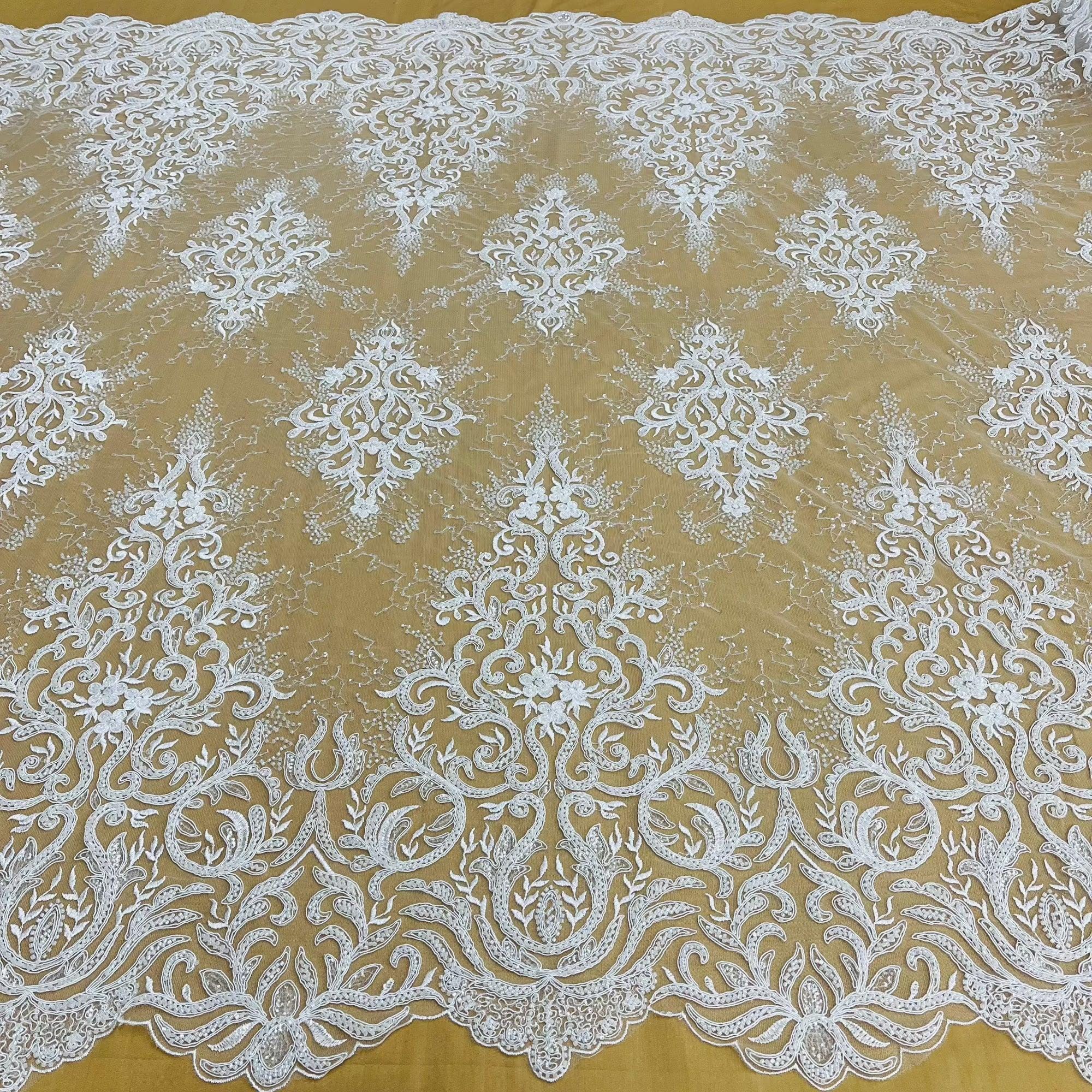 Beaded & Corded Bridal Lace Fabric Embroidered on 100% Polyester Net ...