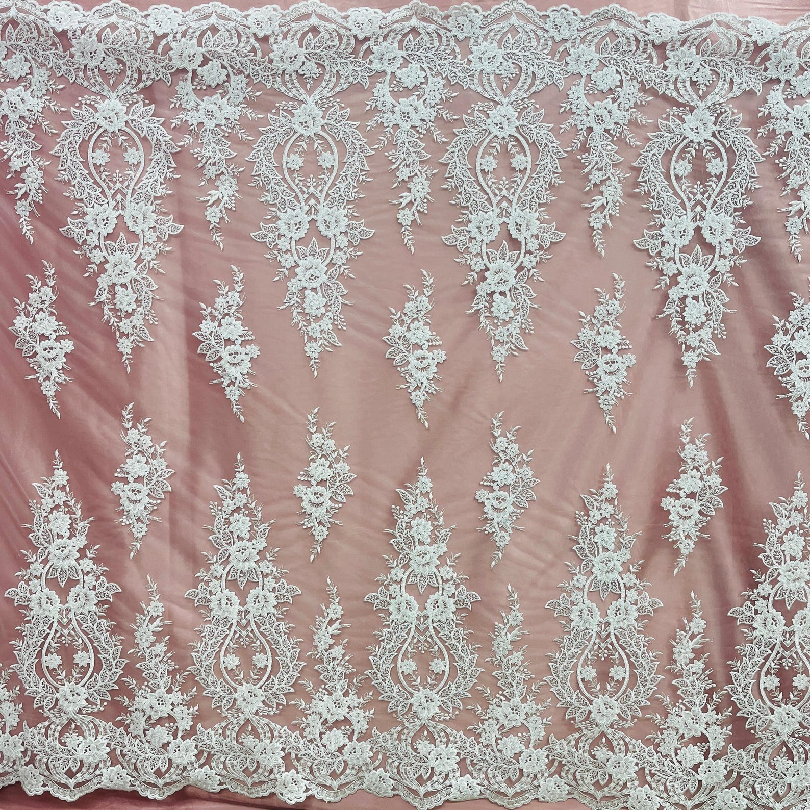 Beaded & Corded Bridal Lace Fabric Embroidered on 100% Polyester Net ...