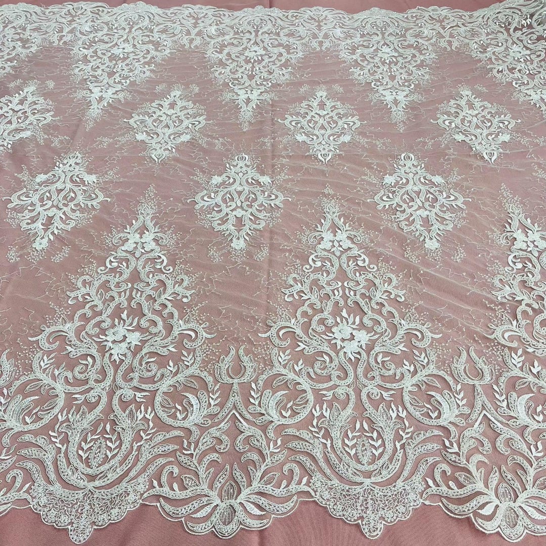 Beaded & Corded Bridal Lace Fabric Embroidered on 100% Polyester Net ...