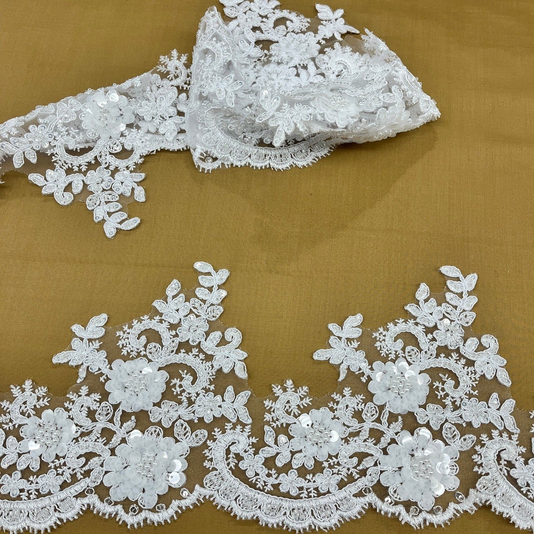 Beaded & Corded Floral Lace Trimming Embroidered on 100% Polyester Net ...