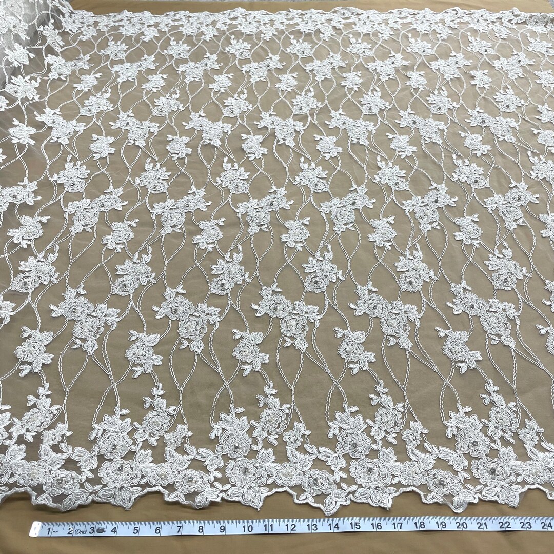 Beaded & Corded Bridal Fabric Lace Embroidered on 100% Polyester Net ...