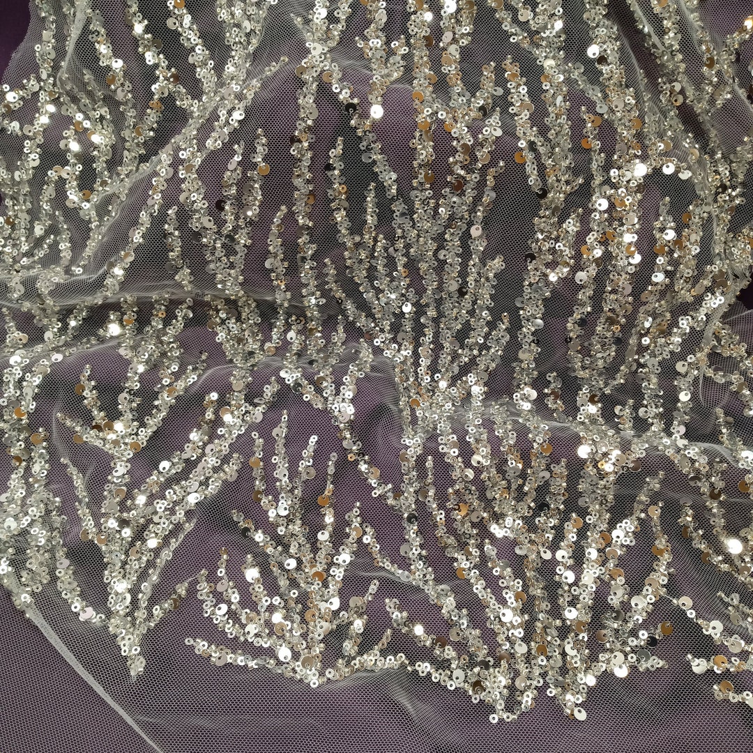 Beaded & Sequined Lace Fabric Embroidered on 100% Polyester Net Mesh ...