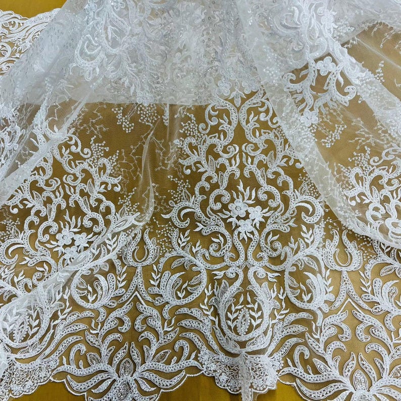 Beaded & Corded Bridal Lace Fabric Embroidered on 100% Polyester Net ...