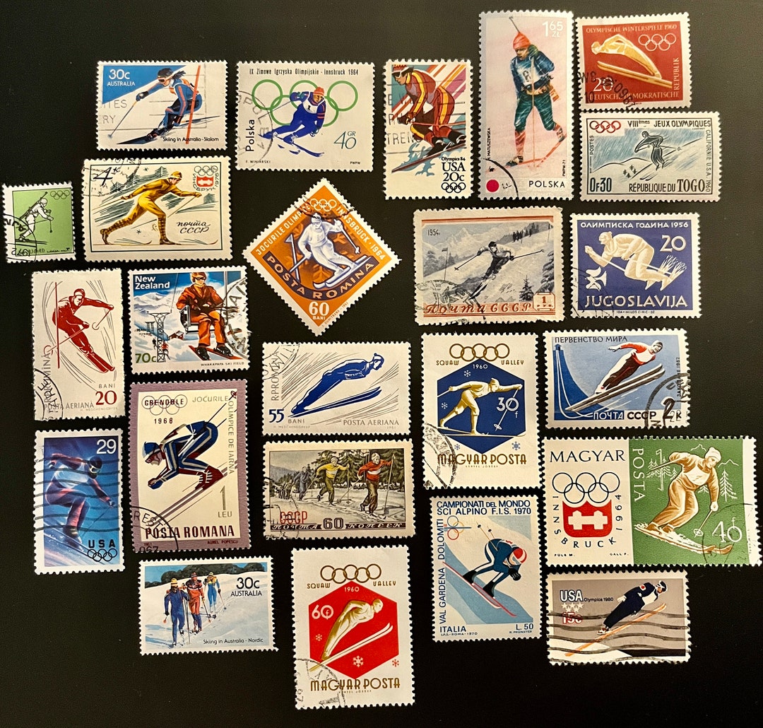 25 Stamp SKIING Fun Pack // Random Lot of 25 Premium Used Skiing Stamps ...