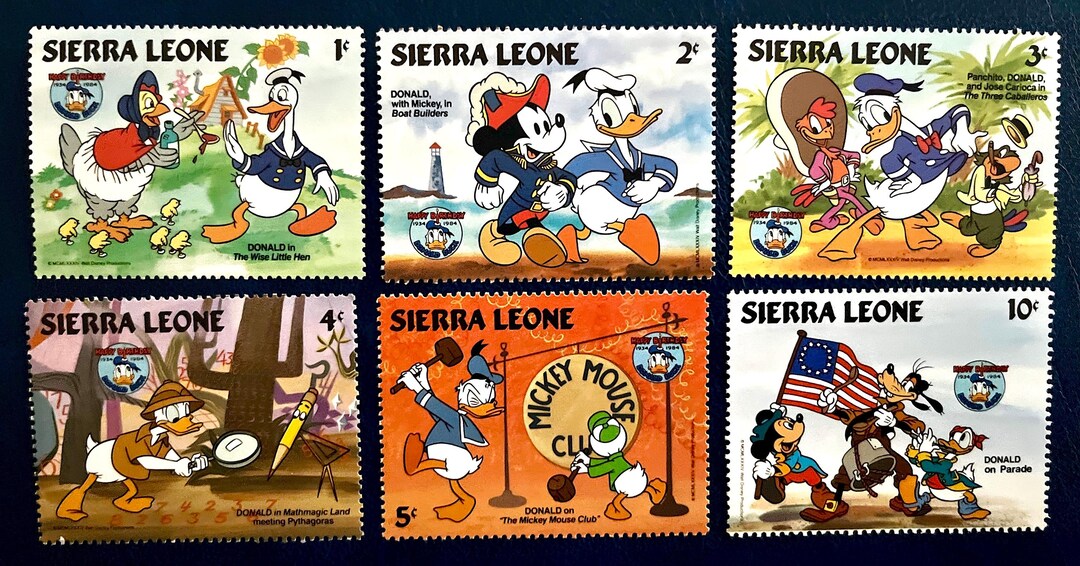 Six (6) 1984 Walt Disney 50th Anniversary of Donald Duck Stamps From ...