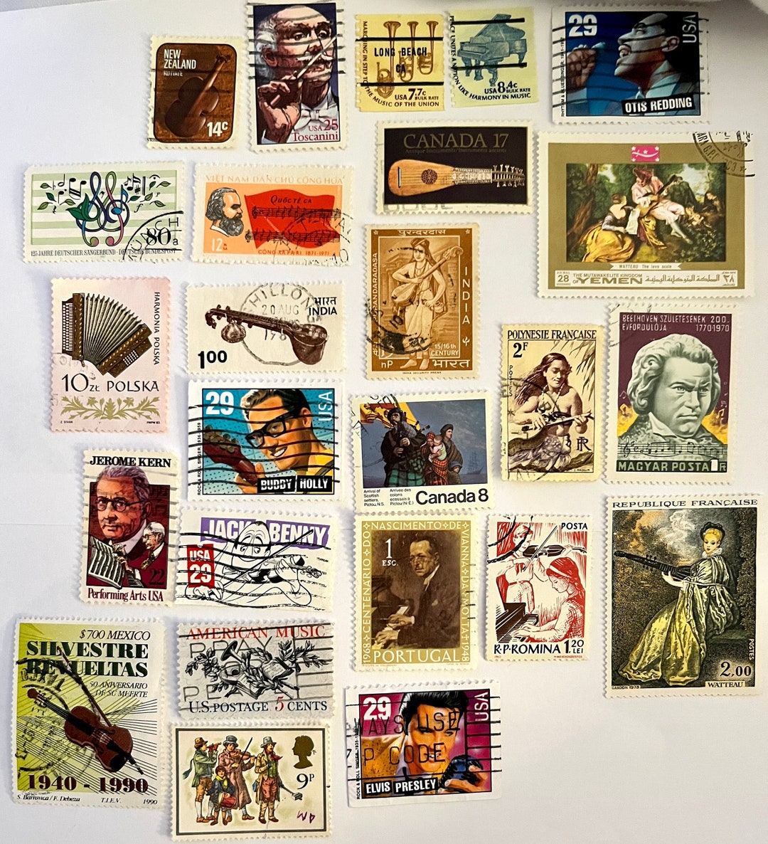 25 Stamp MUSIC LOVER Fun Pack // Random Lot of 25 Premium Used World ...