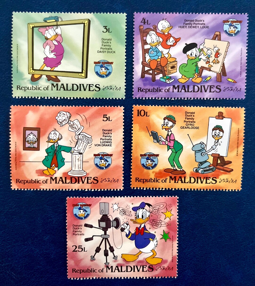 Five (5) 1984 Walt Disney Donald Duck Family Portrait Stamps From the ...