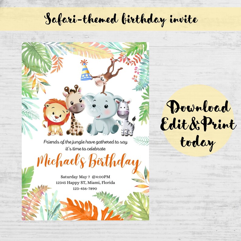 Safari Birthday Party Invite, Printable Birthday Invitation for Kids ...