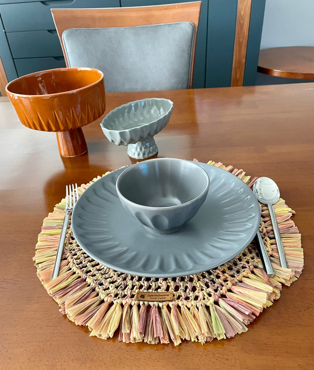 Handmade Raffia Dinner Placemats, Crochet Raffia Table Mats, Table ...