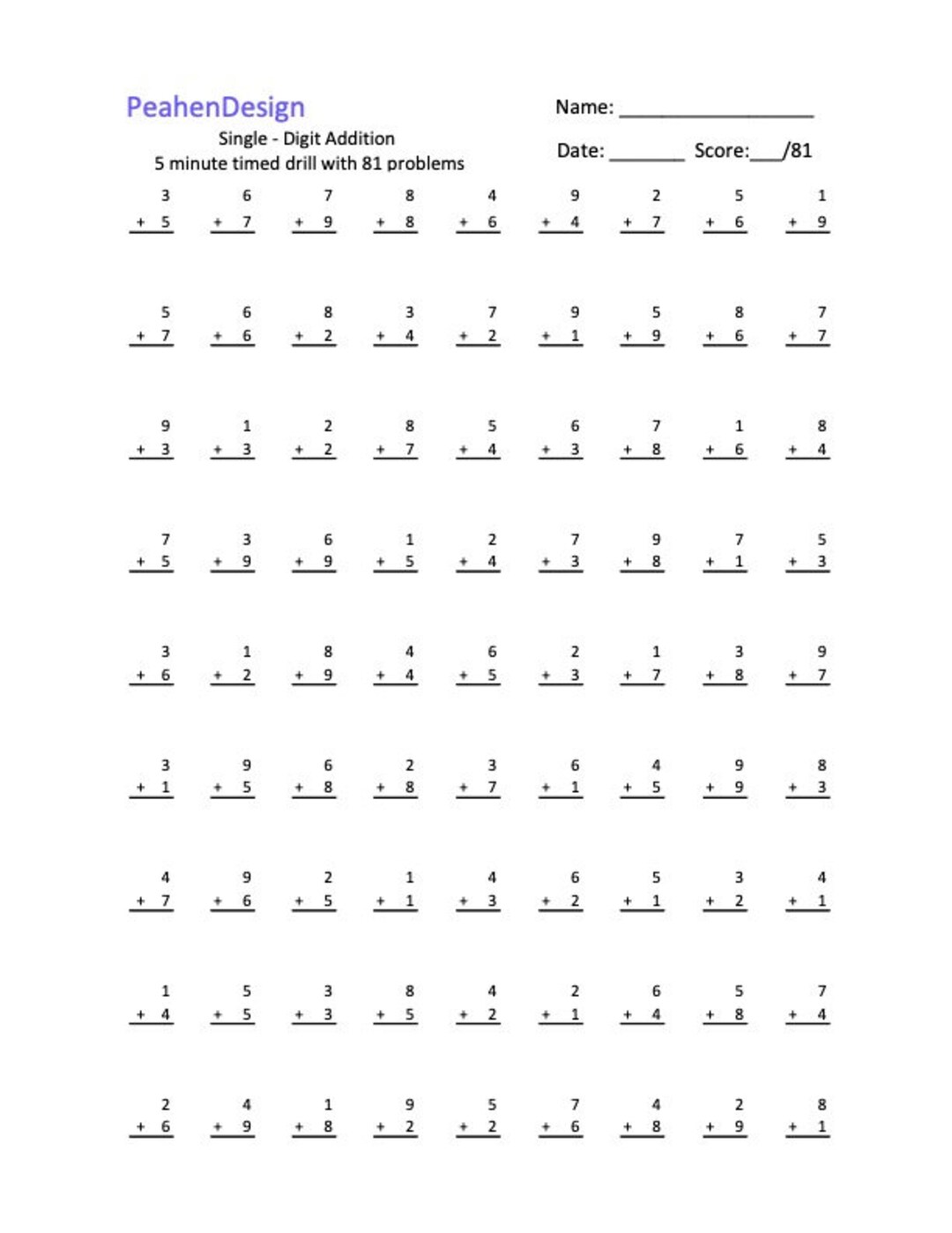 Single Digit Addition Timed Drill - Etsy