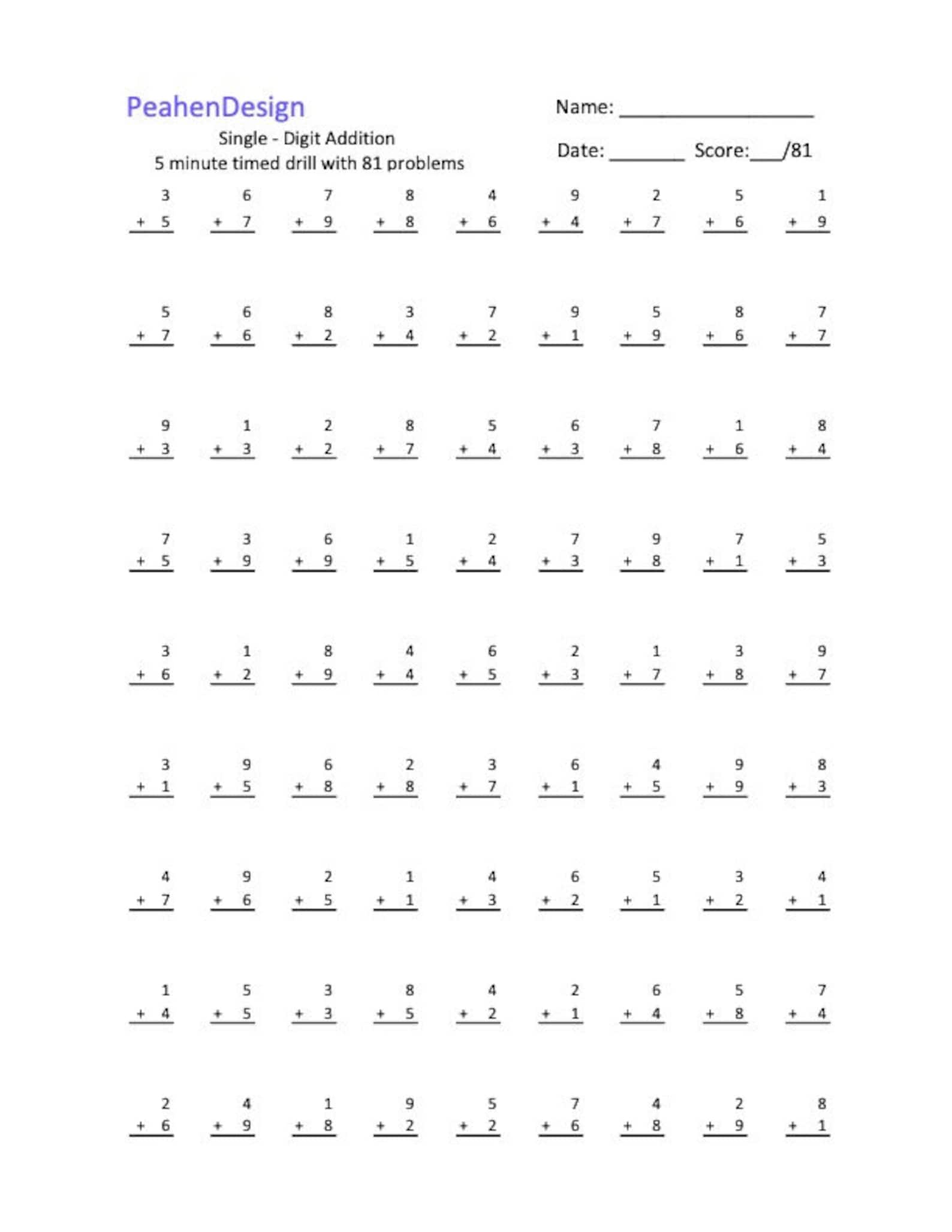 Single Digit Addition Timed Drill - Etsy