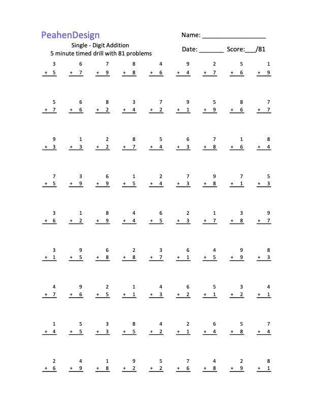 Single Digit Addition Timed Drill - Etsy