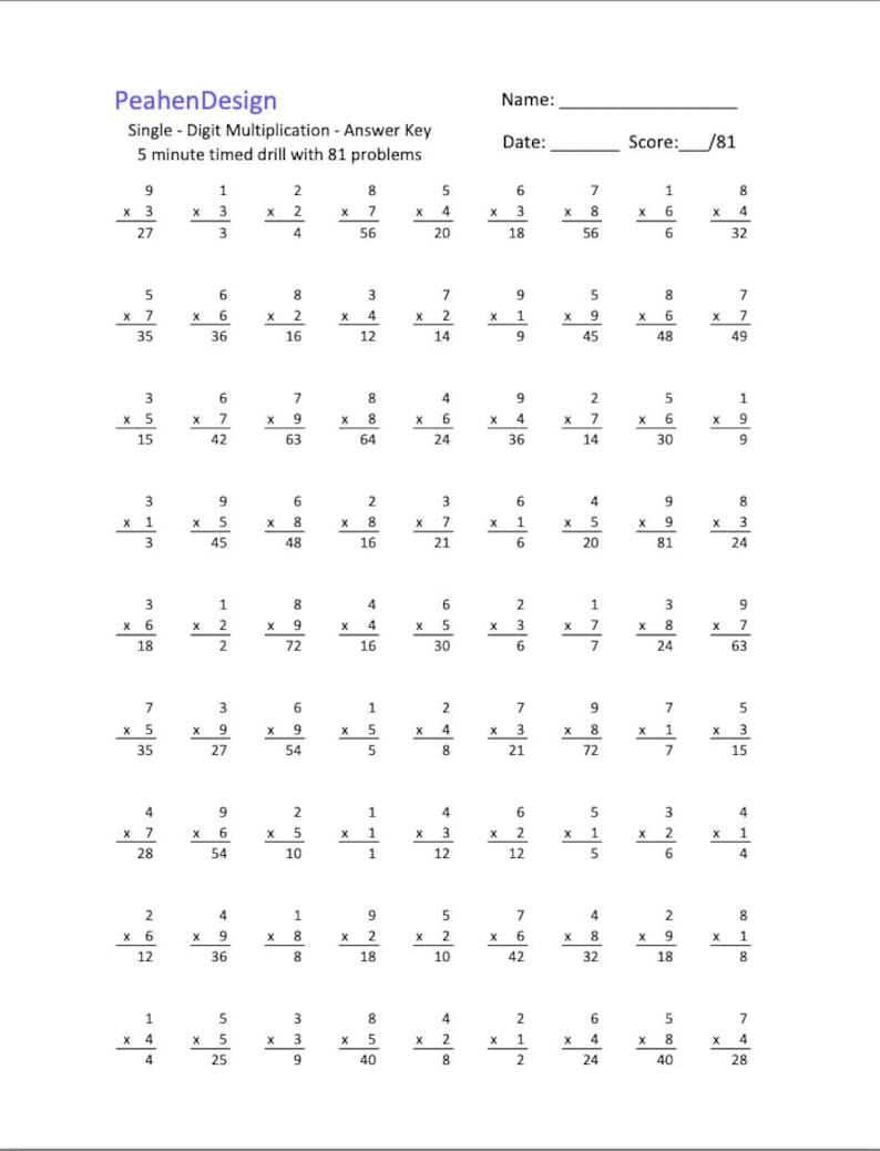 Single Digit Multiplication Timed Drill - Etsy