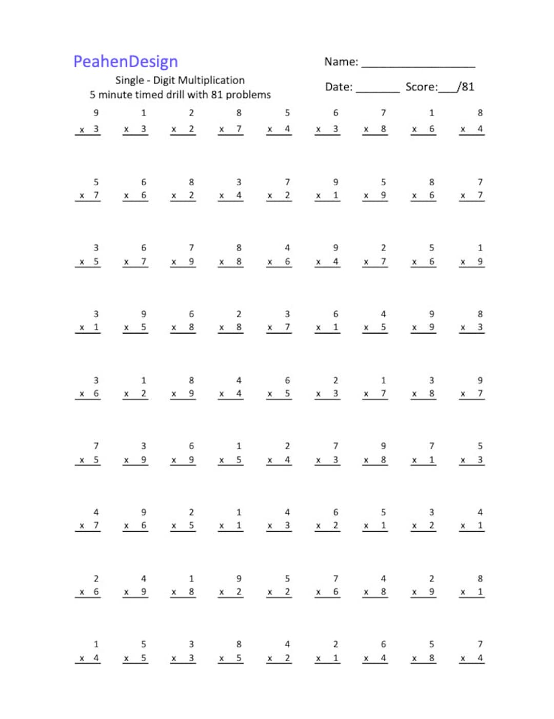 Single Digit Multiplication Timed Drill - Etsy