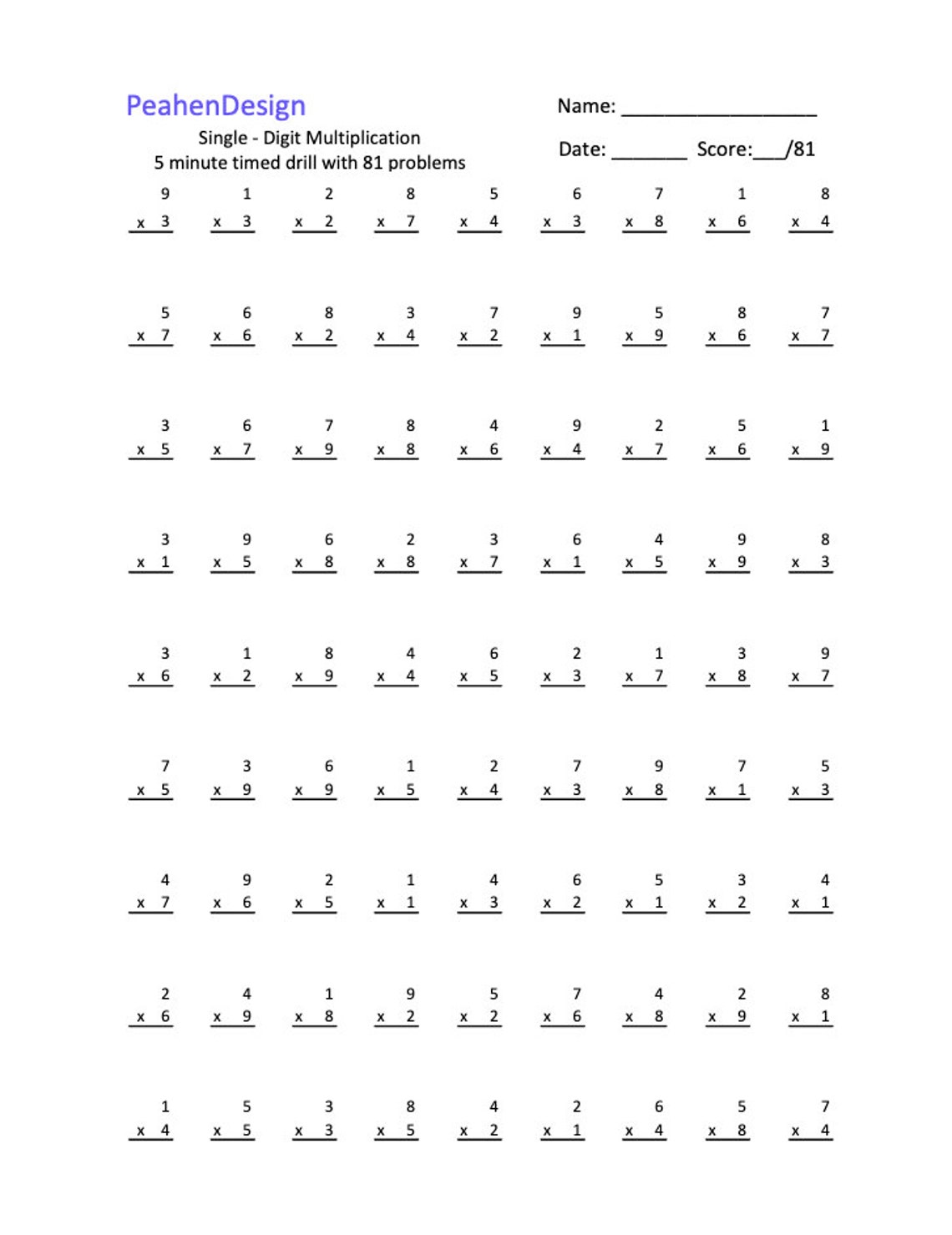Single Digit Multiplication Timed Drill - Etsy
