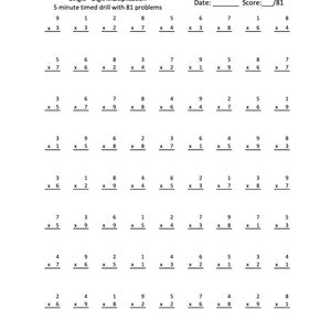 Single Digit Multiplication Timed Drill - Etsy