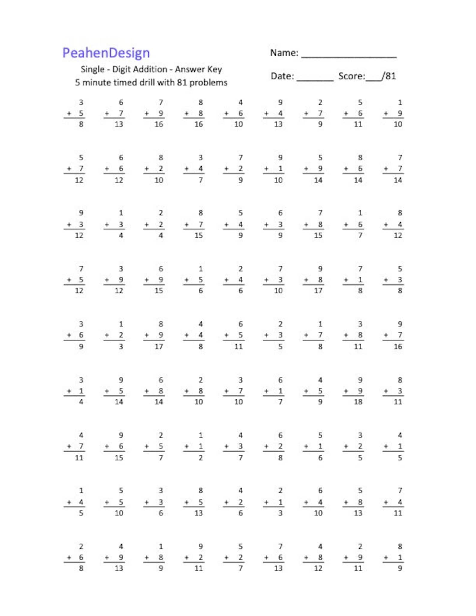 Single Digit Addition Timed Drill - Etsy
