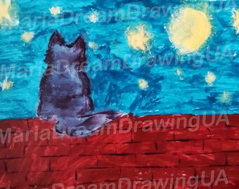 Night Cat Drawing - Etsy