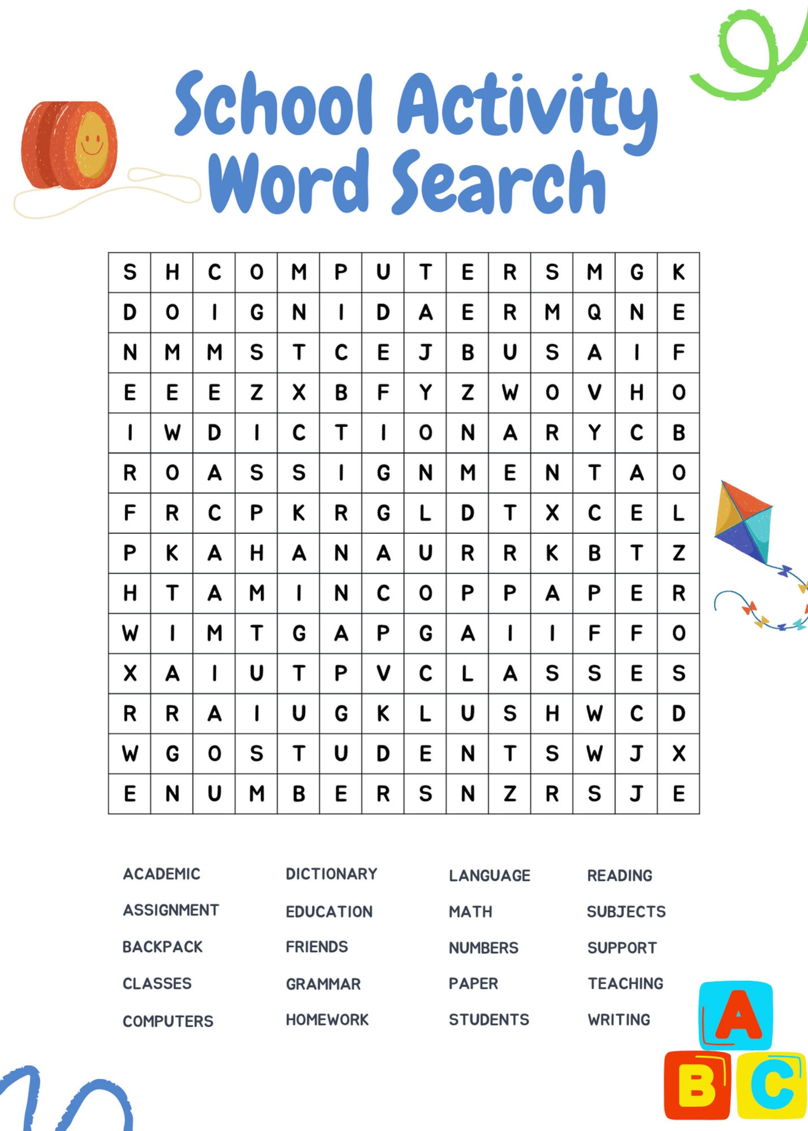 School Activity Word Search, Word Games for Kids, School Vocabulary ...