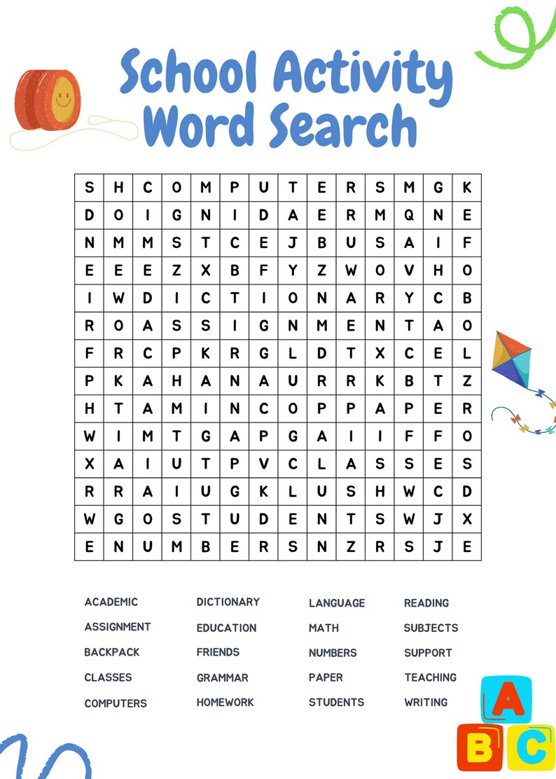 School Activity Word Search, Word Games for Kids, School Vocabulary ...