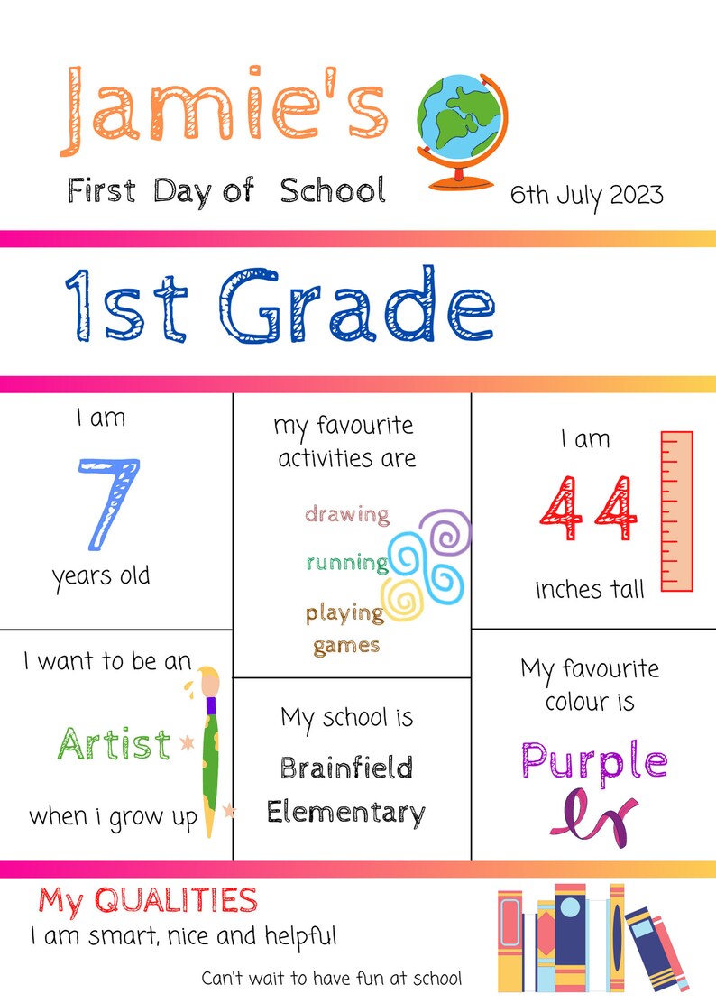 Editable First Day of School Print, Back to School Template, Colorful ...