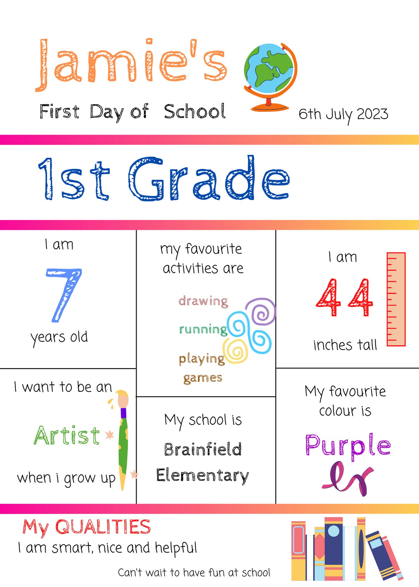 Editable First Day of School Print, Back to School Template, Colorful ...