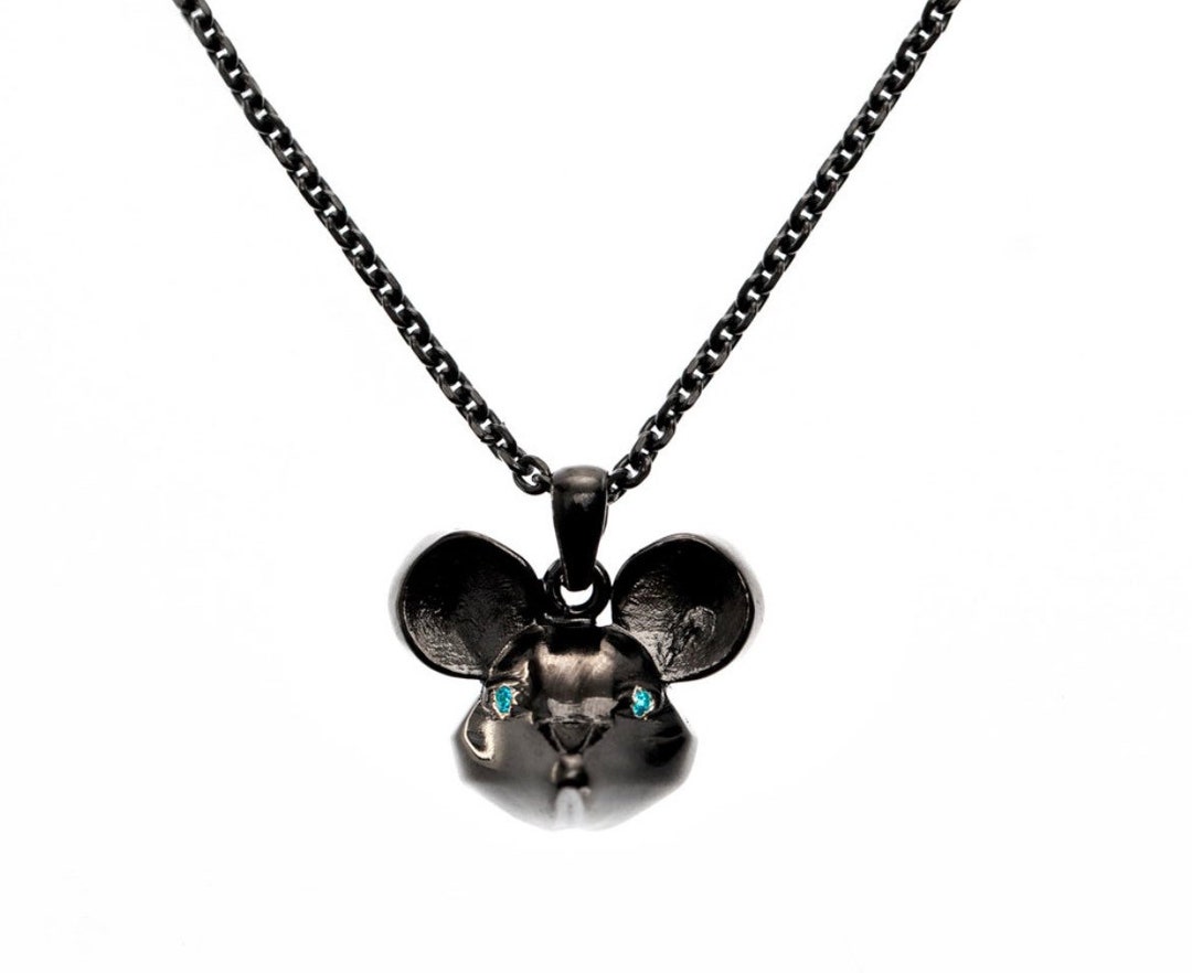 Black Mouse 3d Necklace Pendant in Ruthenium Sterling Silver With Blue ...