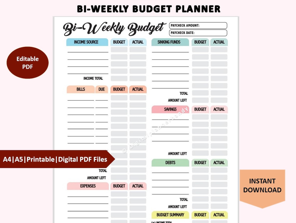 Bi-weekly Budget Planner Printable Finance Budget Template - Etsy