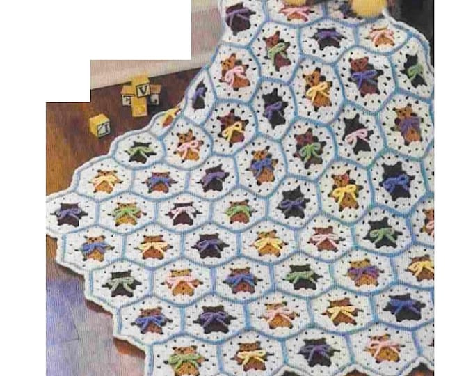 Vintage Filet Crochet Pattern Baby Bear Blocks and Bows Blanket Afghan ...