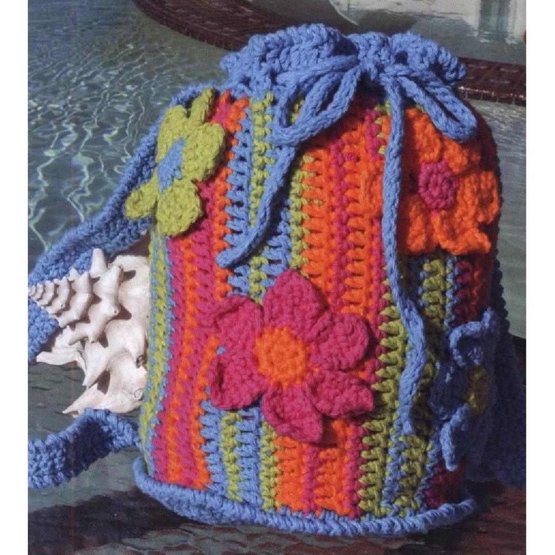CROCHET Bag PATTERN, Stripes Flower Shoulder Bag, Drawstring Bag ...