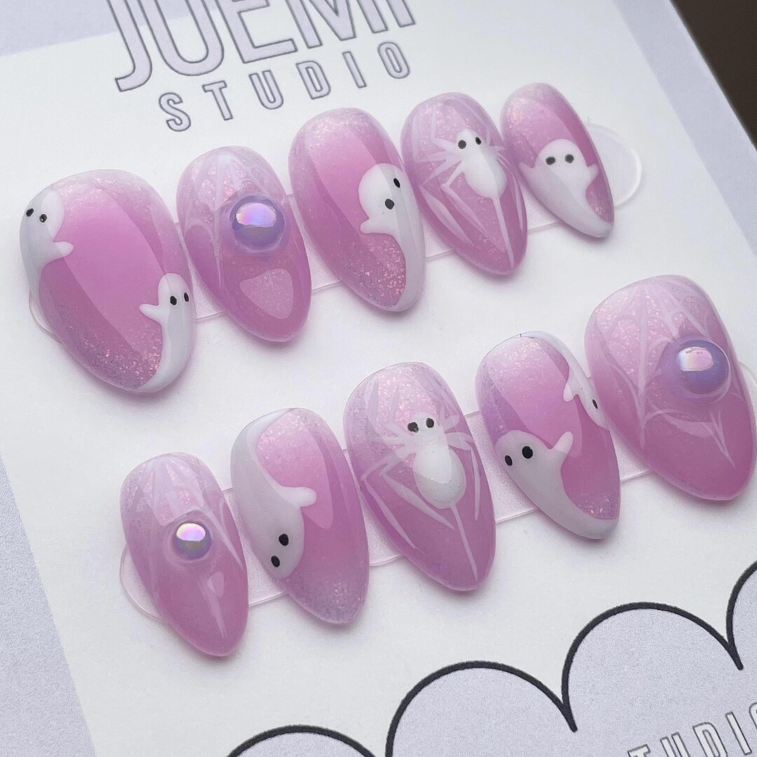 Halloween Pink Ghost Nails Spider Press-on Nails Spooky Nails kawaii ...