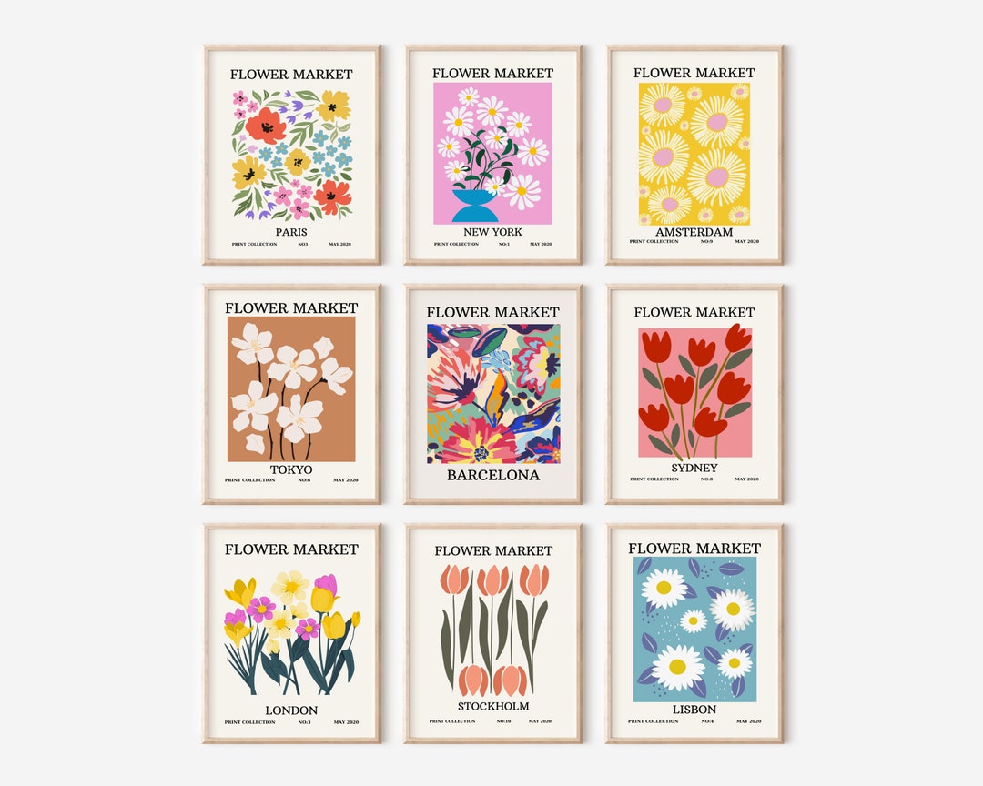 Flower Market Print Set of 9,botanical Wall Art,floral Drawing Posters ...