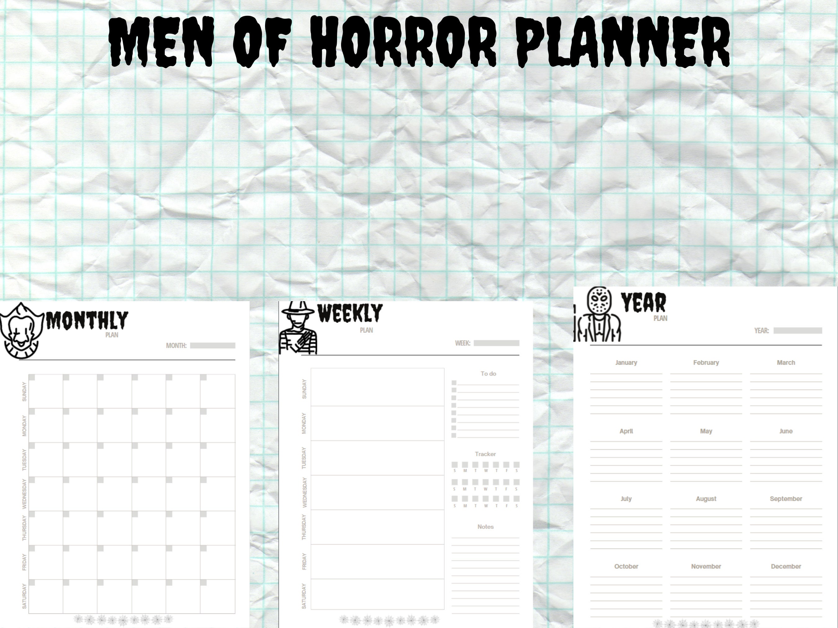 PRINTABLE Daily, Weekly, Monthly, Yearly Planner . Men of Horror Theme ...