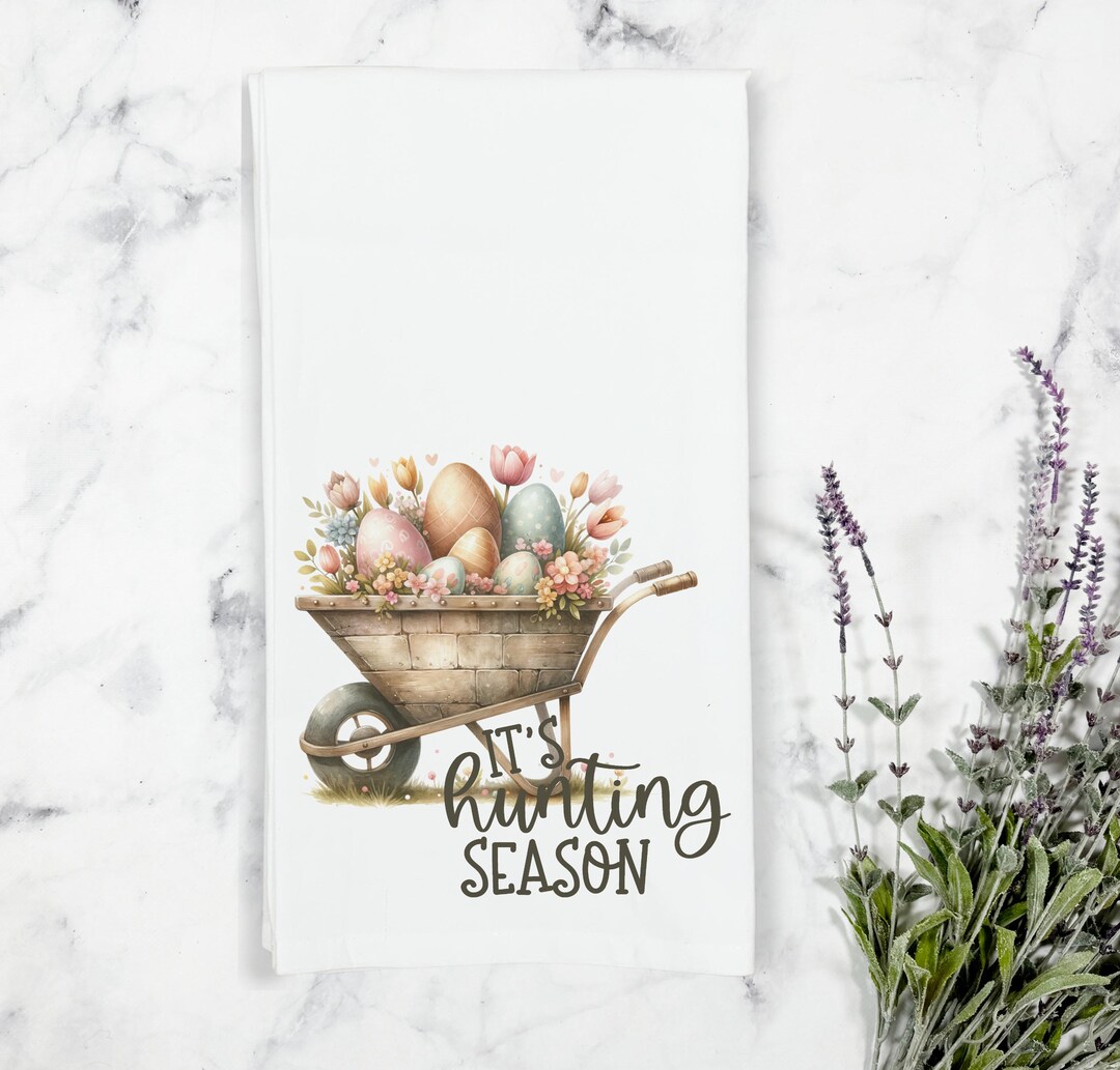 Easter Egg Hunting Season Wheelbarrow Kitchen Tea Towel, Spring Kitchen ...
