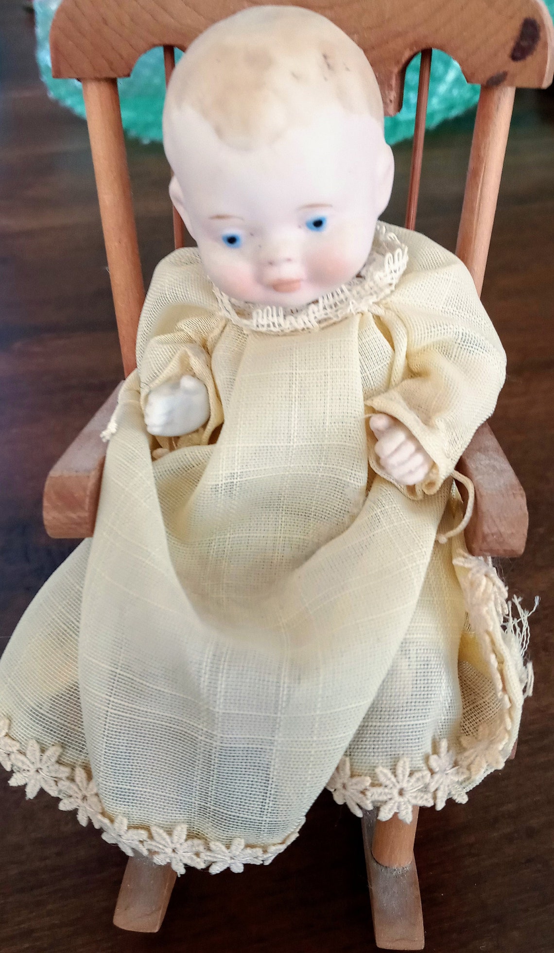 Vintage Bisque Baby Doll, Jointed Limbs, With Miniature Rocking Chair ...