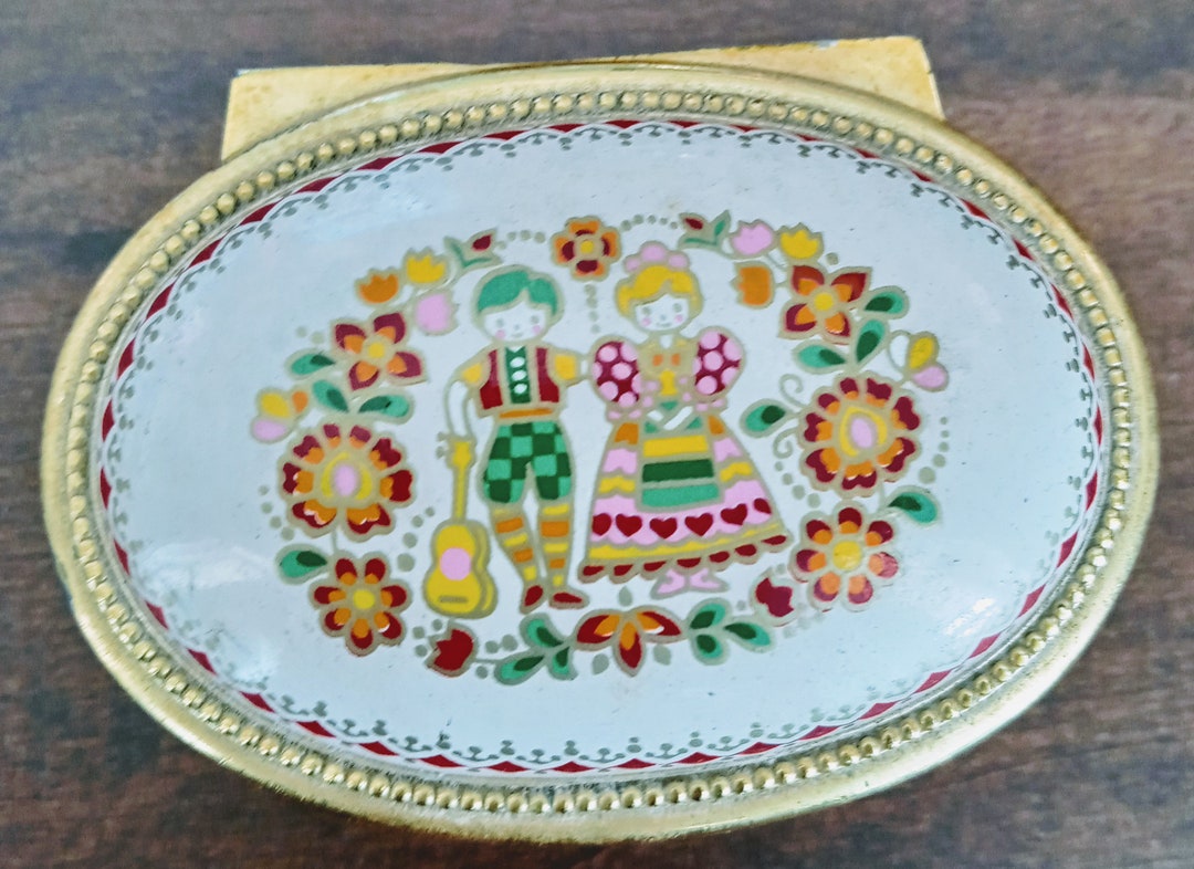 1950s Sankyo Oval Musical Trinket Box Gold Tone Enamel Brass Japan Hand ...