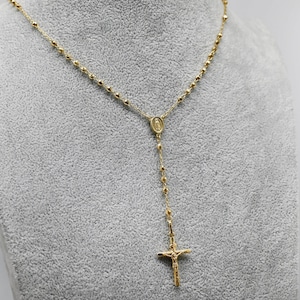 14K Solid Gold Rosary Beads Necklace Diamond Cut Cross Crucifix ...