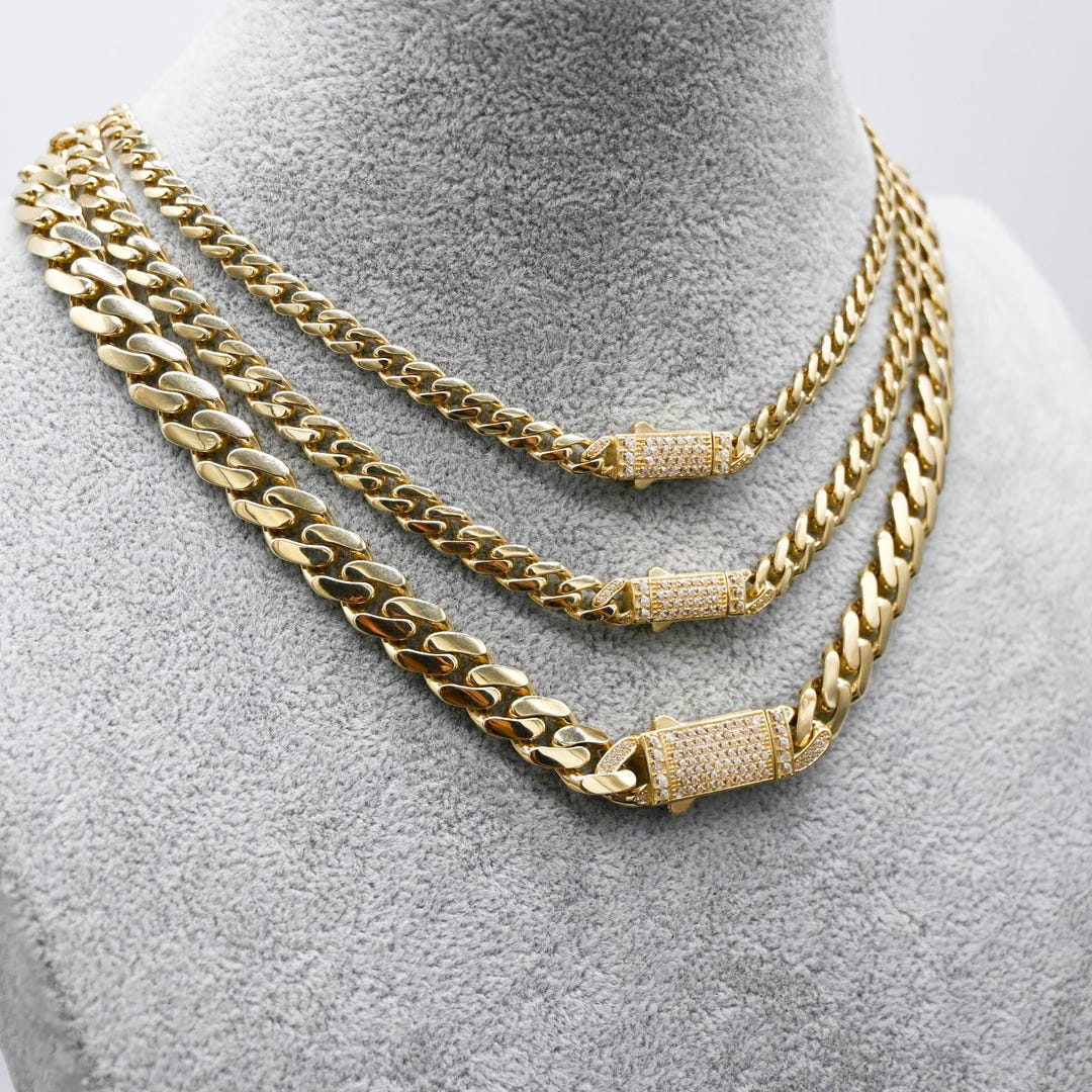 14K Gold Miami Cuban Link Chain – Shiny CZ Box Lock Curb Chain - Etsy