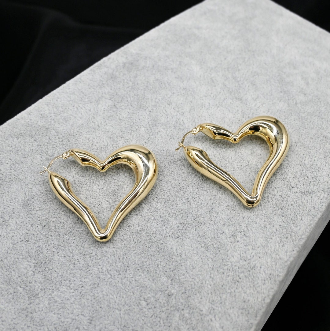 14K Real Yellow Gold Puffed Heart Shape Hoop Earrings Chunky Heart Hoop ...